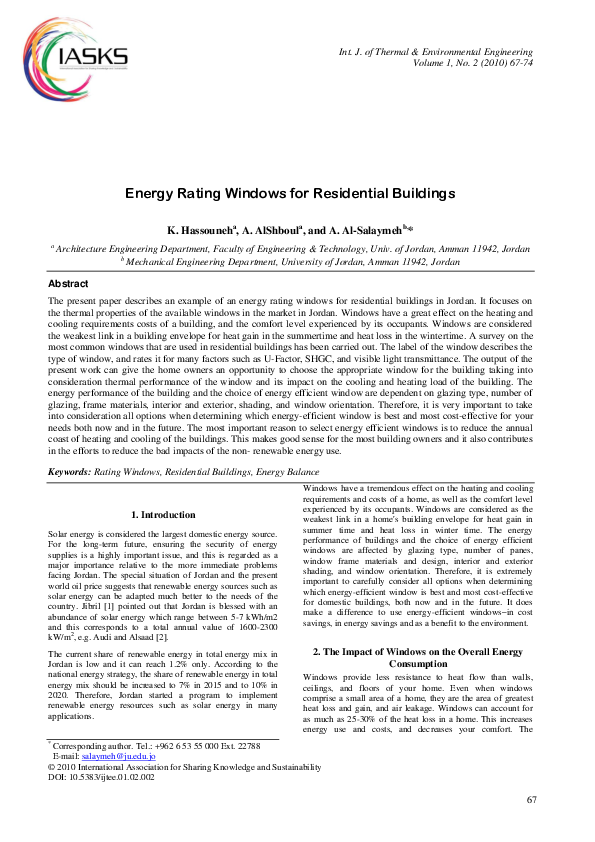 (PDF) Energy Rating Windows for Residential Buildings