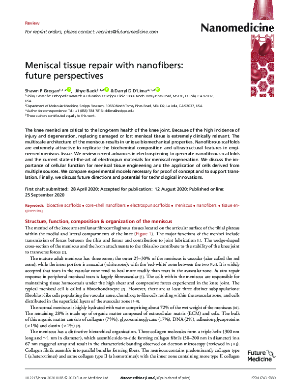 (PDF) Meniscal tissue repair with nanofibers: future perspectives