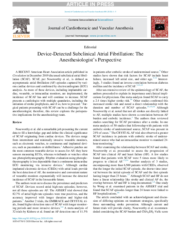 Pdf Device Detected Subclinical Atrial Fibrillation The Anesthesiologists Perspective
