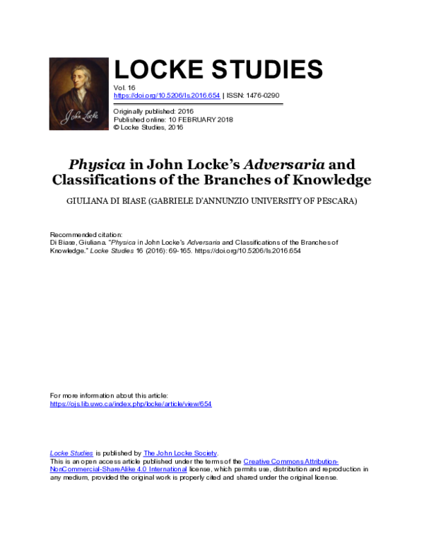 (PDF) Physica in John Locke's Adversaria and Classifications of the Branches of Knowledge
