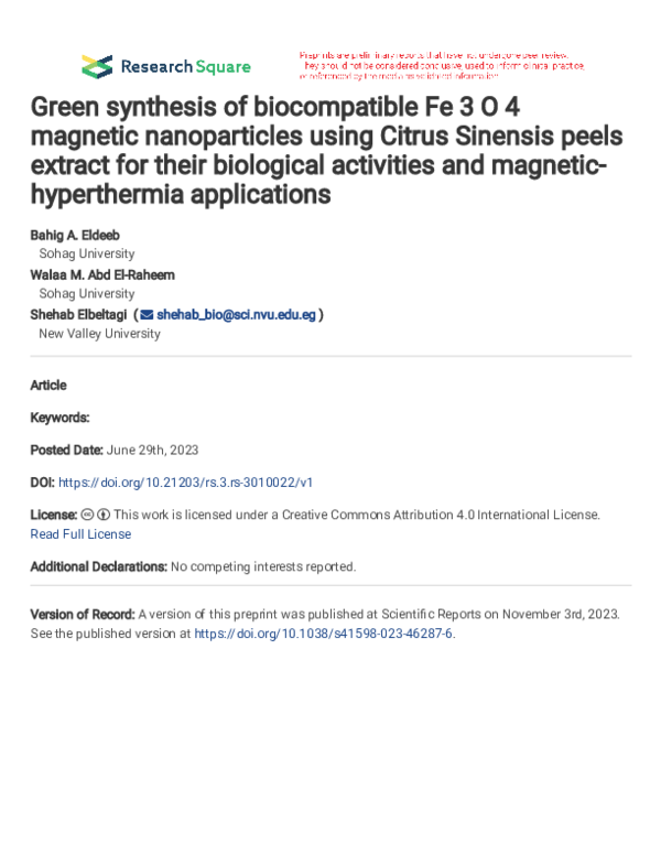 (PDF) Green synthesis of biocompatible Fe 3 O 4 magnetic nanoparticles using Citrus Sinensis ...
