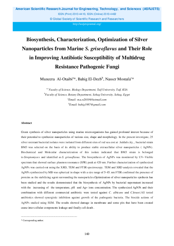 (PDF) Biosynthesis, Characterization, Optimization of Silver Nanoparticles from Marine S ...