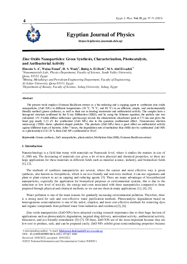 Pdf Zinc Oxide Nanoparticles Green Synthesis Characterization Photocatalysis And