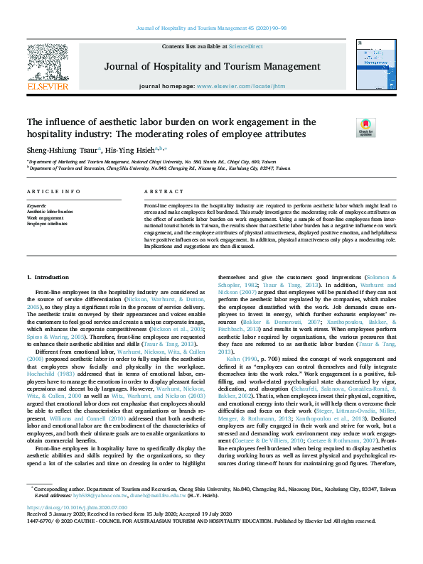 (PDF) The influence of aesthetic labor burden on work engagement in the ...