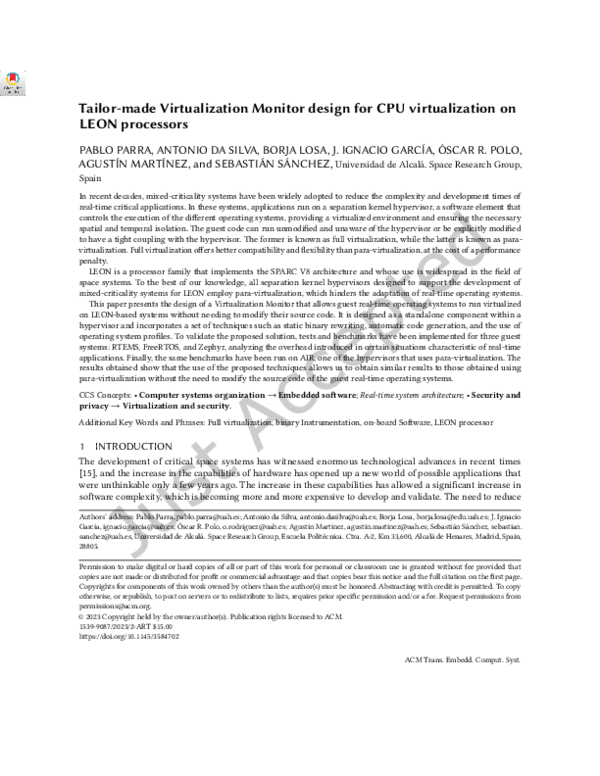 (PDF) Tailor-made Virtualization Monitor Design for CPU Virtualization on LEON Processors