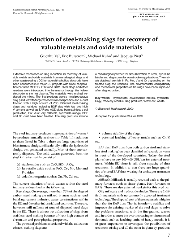 (PDF) Reduction of steel-making slags for recovery of valuable metals ...