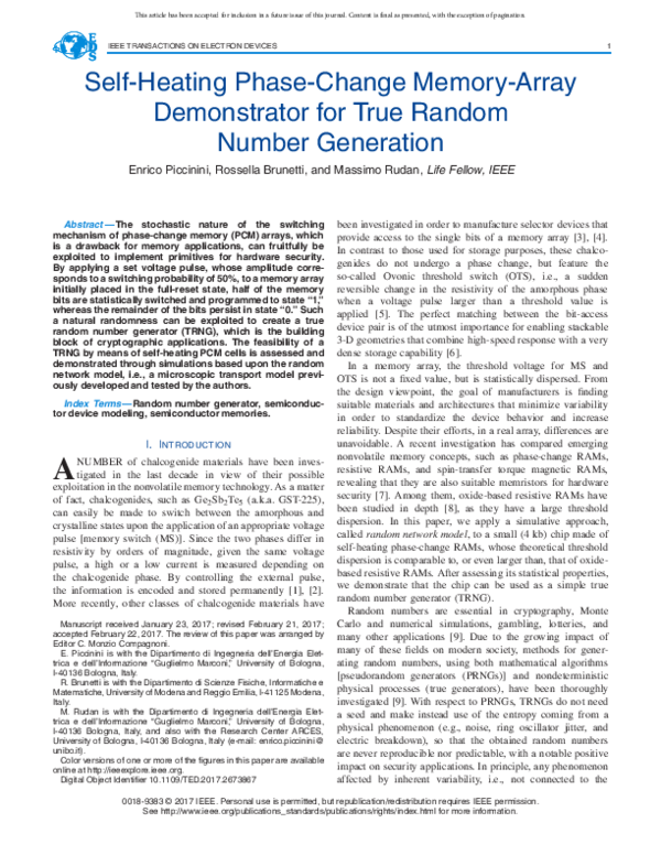 (PDF) Self-Heating Phase-Change Memory-Array Demonstrator for True Random Number Generation