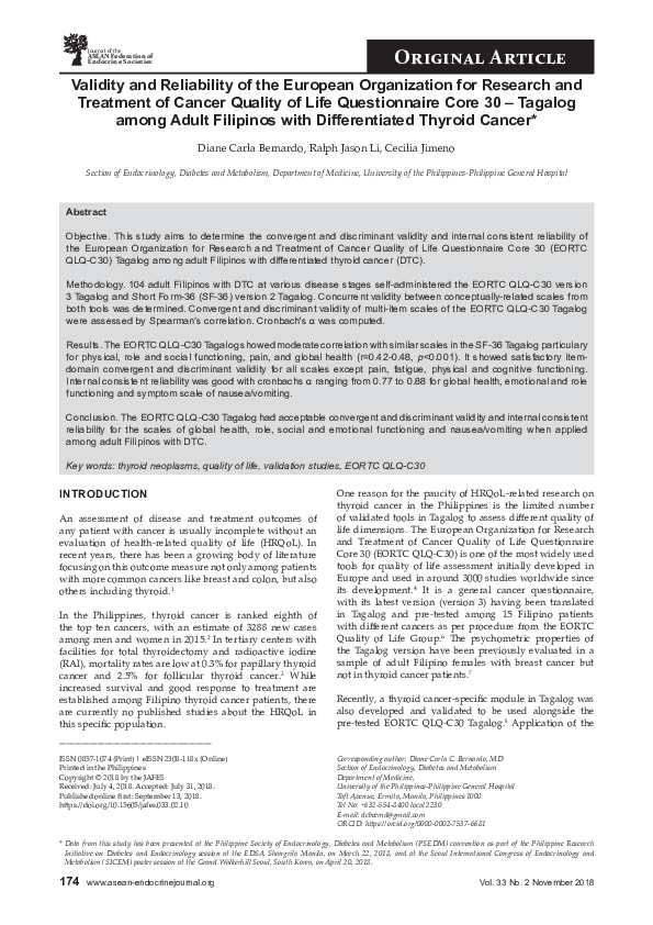 (PDF) Validity and Reliability of the European Organization for ...