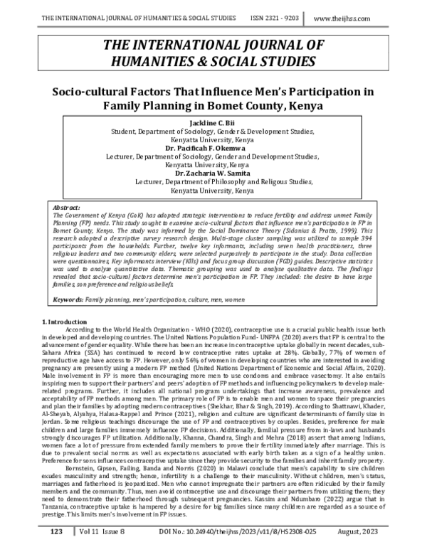 (PDF) Socio-cultural Factors That Influence Men’s Participation in Family Planning in Bomet ...