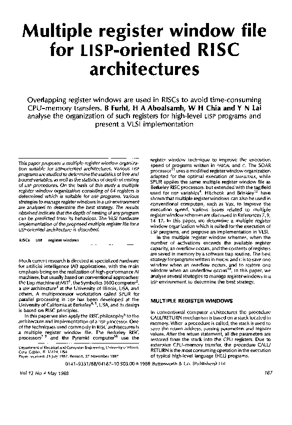 (PDF) Multiple register window file for lisp-oriented RISC architectures