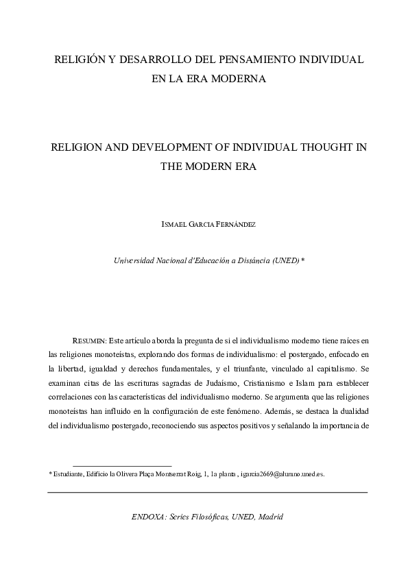 (PDF) Religión y Desarrollo del Pensamiento Individual en la Era Moderna