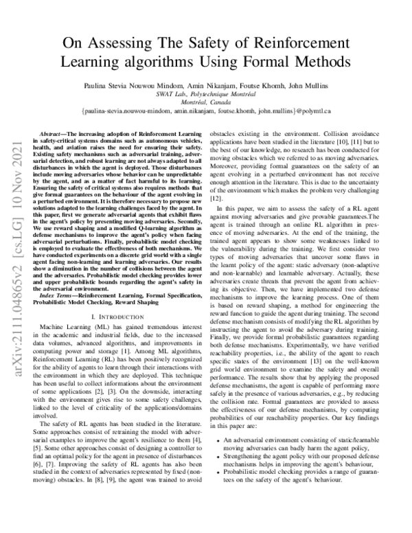 (PDF) On Assessing The Safety of Reinforcement Learning algorithms ...