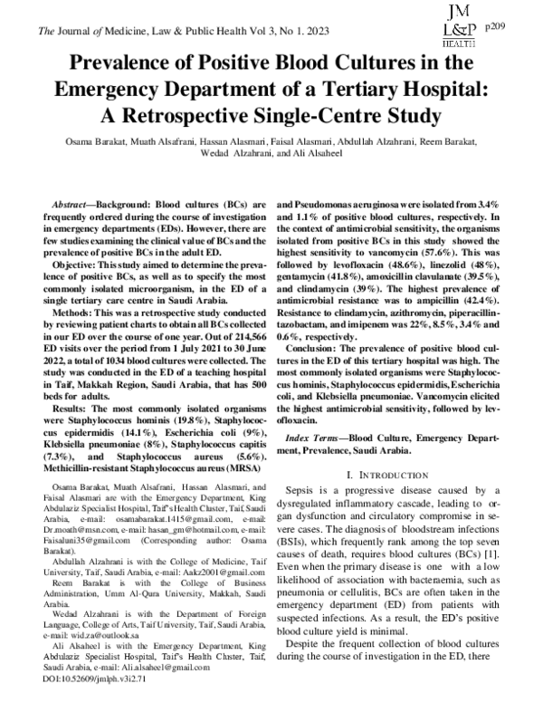 (PDF) Prevalence of Positive Blood Cultures in the Emergency Department ...