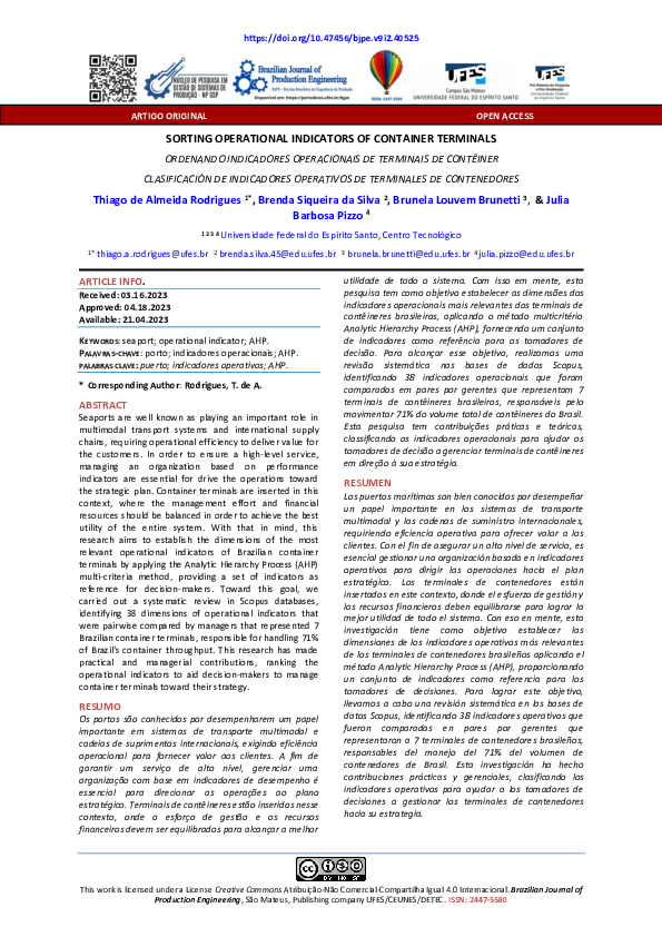 (PDF) SORTING OPERATIONAL INDICATORS OF CONTAINER TERMINALS