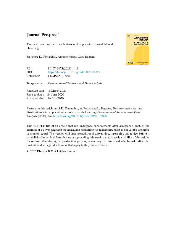 Pdf Two New Matrix Variate Distributions With Application In Model Based Clustering