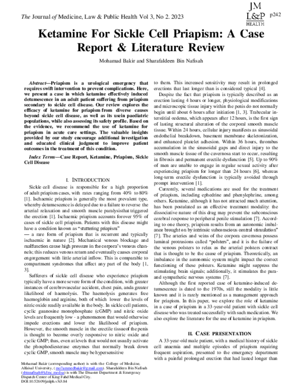 (PDF) Ketamine For Sickle Cell Priapism A Case Report & Literature Review