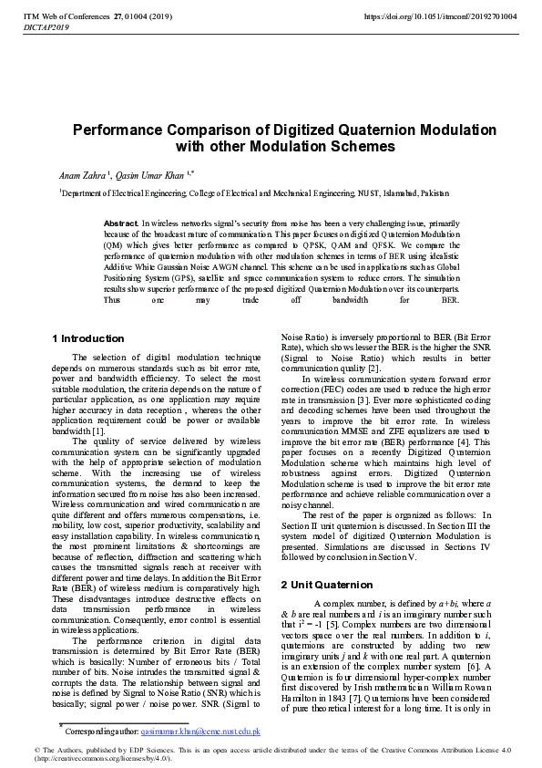 Pdf Performance Comparison Of Digitized Quaternion Modulation With Other Modulation Schemes
