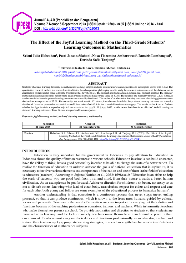 (PDF) The Effect of the Joyful Learning Method on the Third-Grade ...