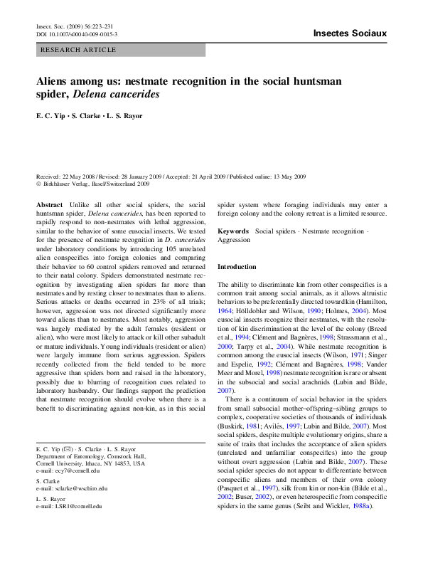 (PDF) Aliens among us: nestmate recognition in the social huntsman ...