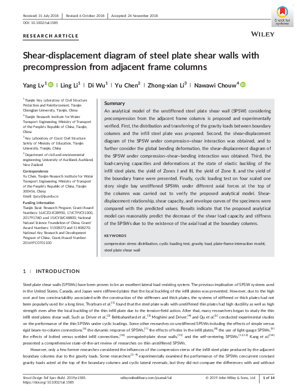 (PDF) Shear‐displacement diagram of steel plate shear walls with ...