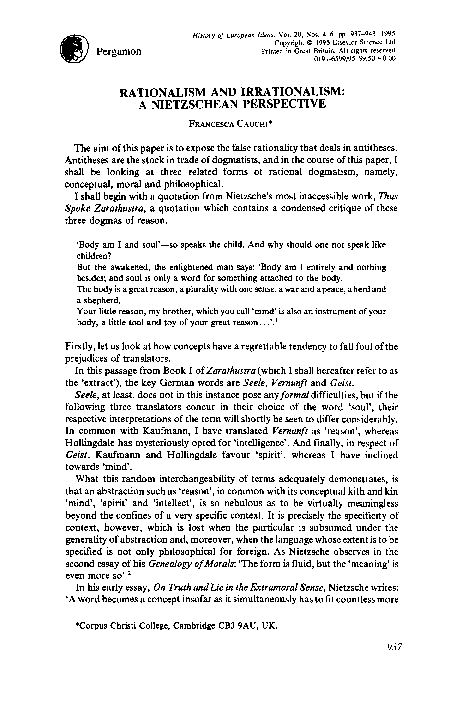 (PDF) Rationalism and irrationalism: A Nietzschean perspective