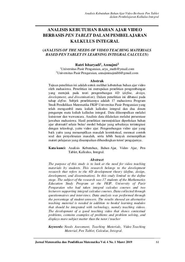 (PDF) Analisis Kebutuhan Bahan Ajar Video Berbasis Pen-Tablet dalam Pembelajaran Kalkulus ...