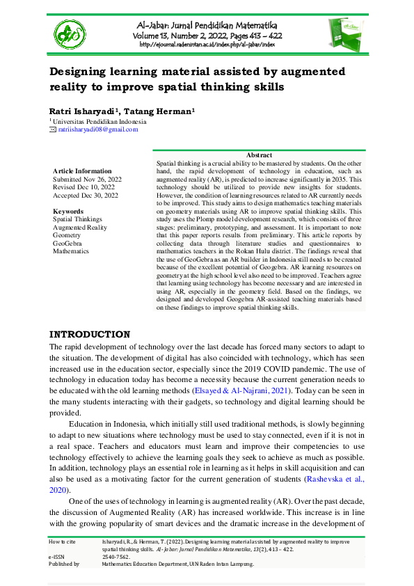 (PDF) Designing learning material assisted by augmented reality to improve spatial thinking skills