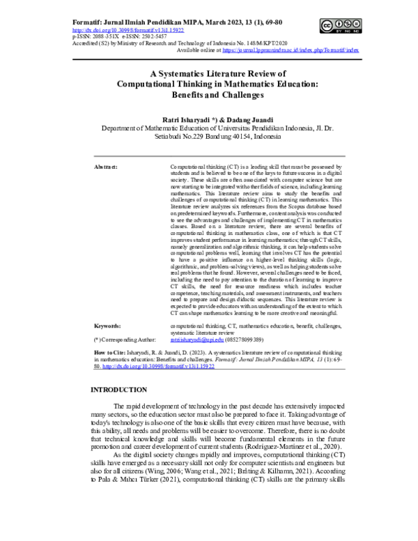 Pdf A Systematics Literature Review Of Computational Thinking In Mathematics Education