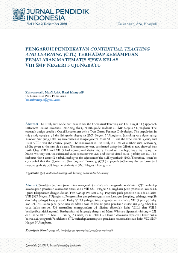 (PDF) Pengaruh Pendekatan Contextual Teaching and Learning (CTL) terhadap Kemampuan Penalaran ...