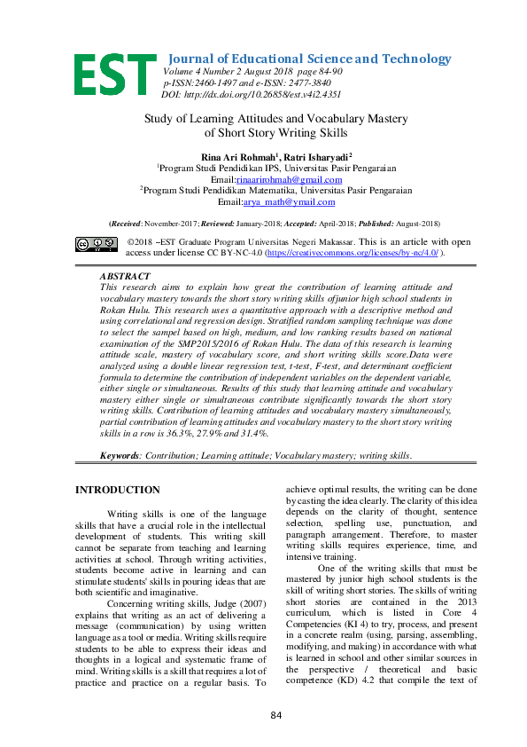 (PDF) Study of Learning Attitudes and Vocabulary Mastery of Short Story Writing Skills