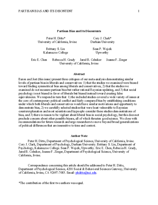 (PDF) PARTISAN BIAS AND ITS DISONTENT 1 Partisan Bias and Its Discontents