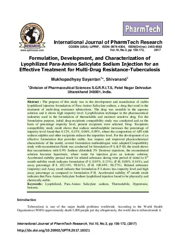 (PDF) Formulation, Development, and Characterization of Lyophilized Para-Amino Salicylate Sodium ...