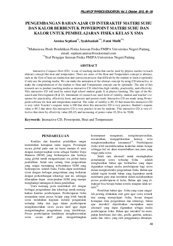 (PDF) Pengembangan Bahan Ajar CD Interaktif Materi Suhu Dan Kalor Berbentuk Powerpoint Materi ...