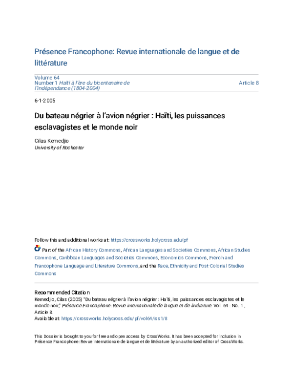 (PDF) Du bateau négrier à l’avion négrier : Haïti, les ...
