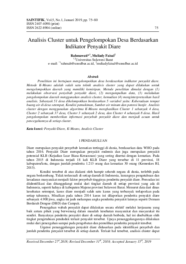 (PDF) Analisis Cluster untuk Pengelompokan Desa Berdasarkan Indikator Penyakit Diare | Muliady ...