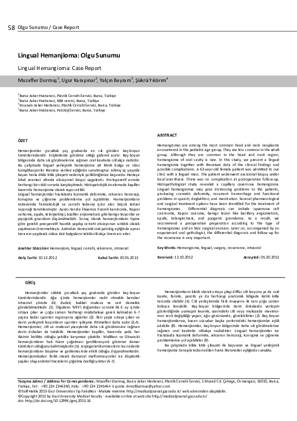 (PDF) Lingual Hemanjioma: Olgu Sunumu | Muzaffer Durmuş - Academia.edu