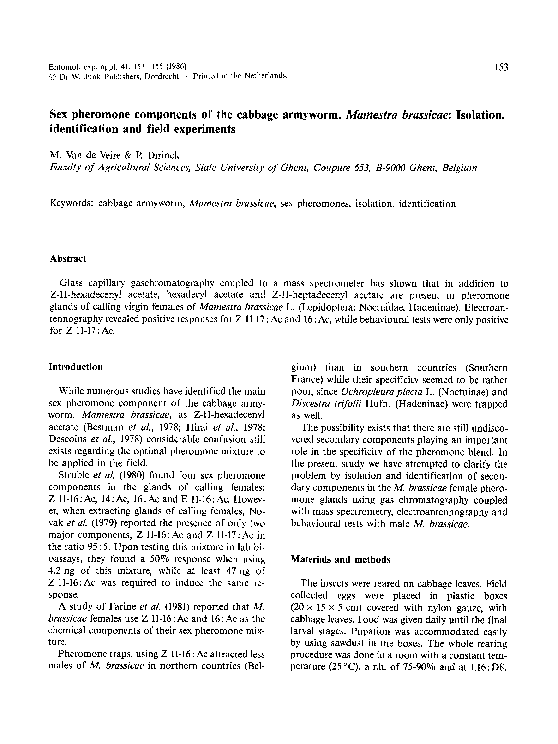 (PDF) Sex pheromone components of the cabbage armyworm, Mamestra ...