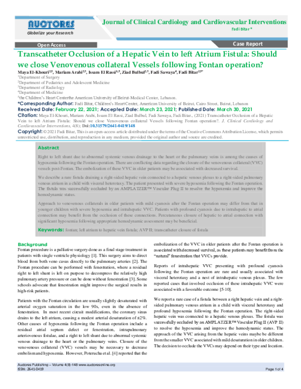 (PDF) Transcatheter Occlusion of a Hepatic Vein to left Atrium Fistula ...