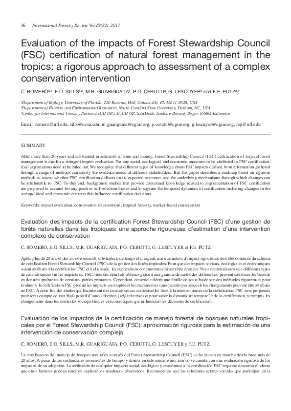 (PDF) Evaluation of the impacts of Forest Stewardship Council (FSC ...