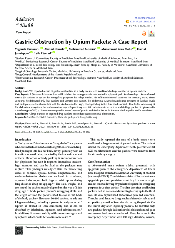 (PDF) Gastric Obstruction by Opium Packets: A Case Report