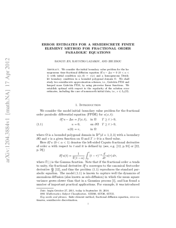 Pdf Error Estimates For A Semidiscrete Finite Element Method For Fractional Order Parabolic