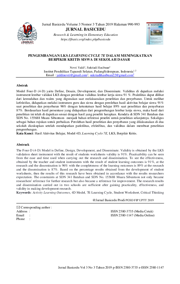 (PDF) Pengembangan Lembar Kerja Siswa Model Learning Cycle 7E Dalam Meningkatkan Kemampuan ...