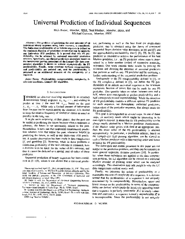 (PDF) Universal prediction of individual sequences | N. Merhav - Academia.edu