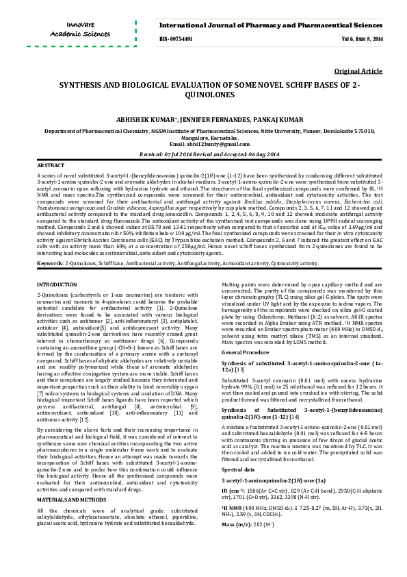 (PDF) SYNTHESIS AND BIOLOGICAL EVALUATION OF SOME NOVEL SCHIFF BASES OF 2-QUINOLONES