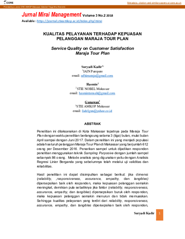 (PDF) Kualitas Pelayanan terhadap Kepuasan Pelanggan Maraja Tour Plan | Gunawan Bata ilyas ...