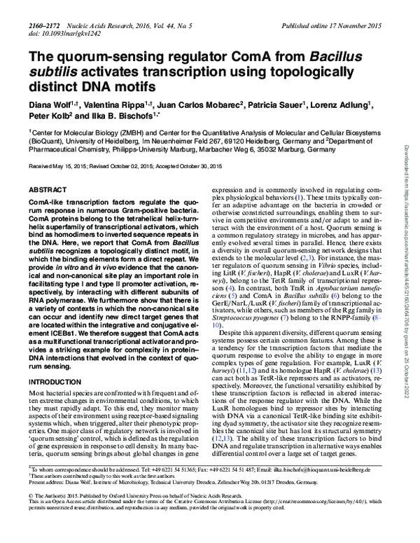 (PDF) The quorum-sensing regulator ComA from Bacillus subtilis ...