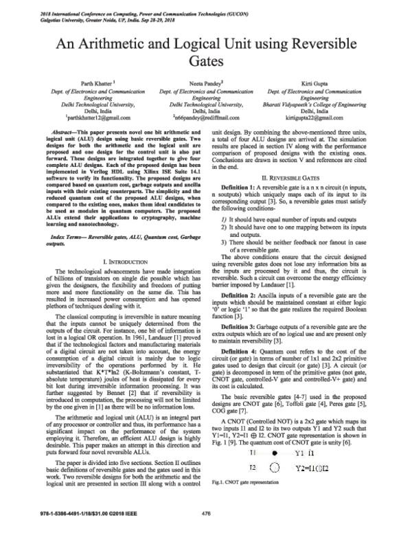 Pdf An Arithmetic And Logical Unit Using Reversible Gates