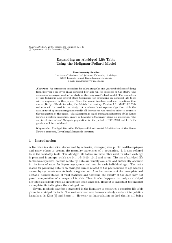 (PDF) Expanding an Abridged Life Table Using the Heligman-Pollard Model