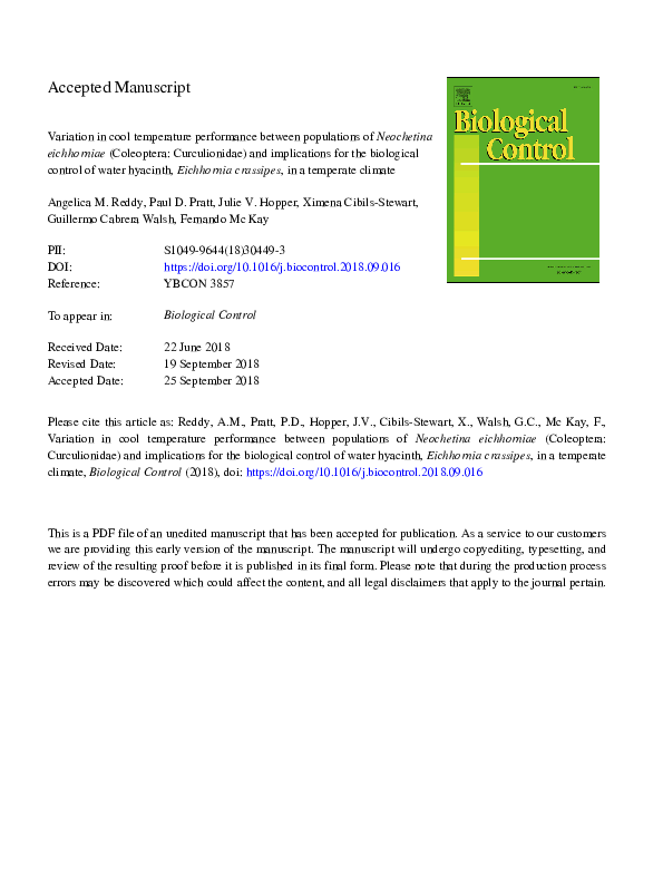 Pdf Variation In Cool Temperature Performance Between Populations Of Neochetina Eichhorniae
