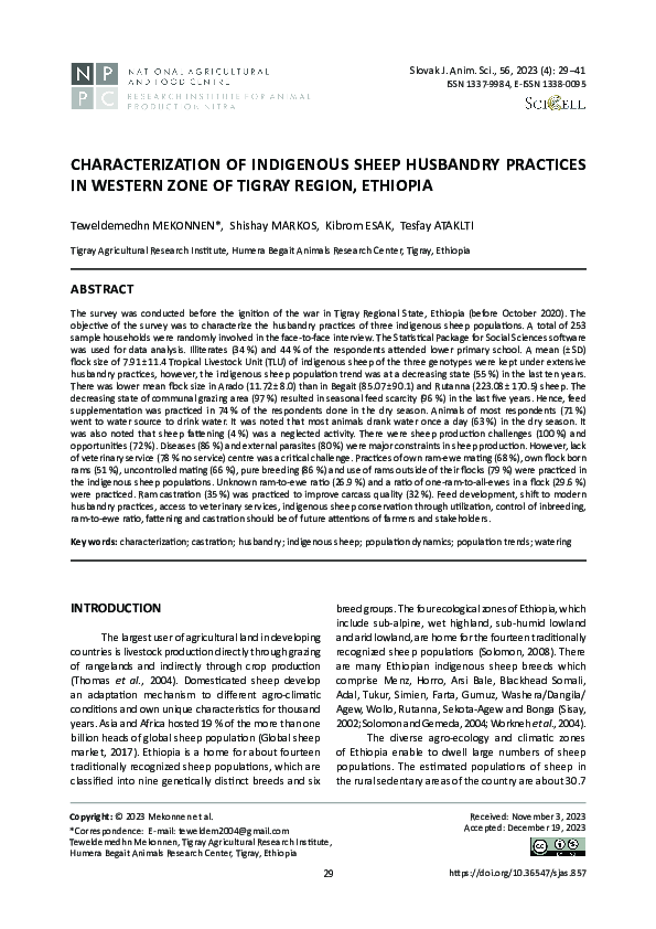 (PDF) CHARACTERIZATION OF INDIGENOUS SHEEP HUSBANDRY PRACTICES IN WESTERN ZONE OF TIGRAY REGION ...